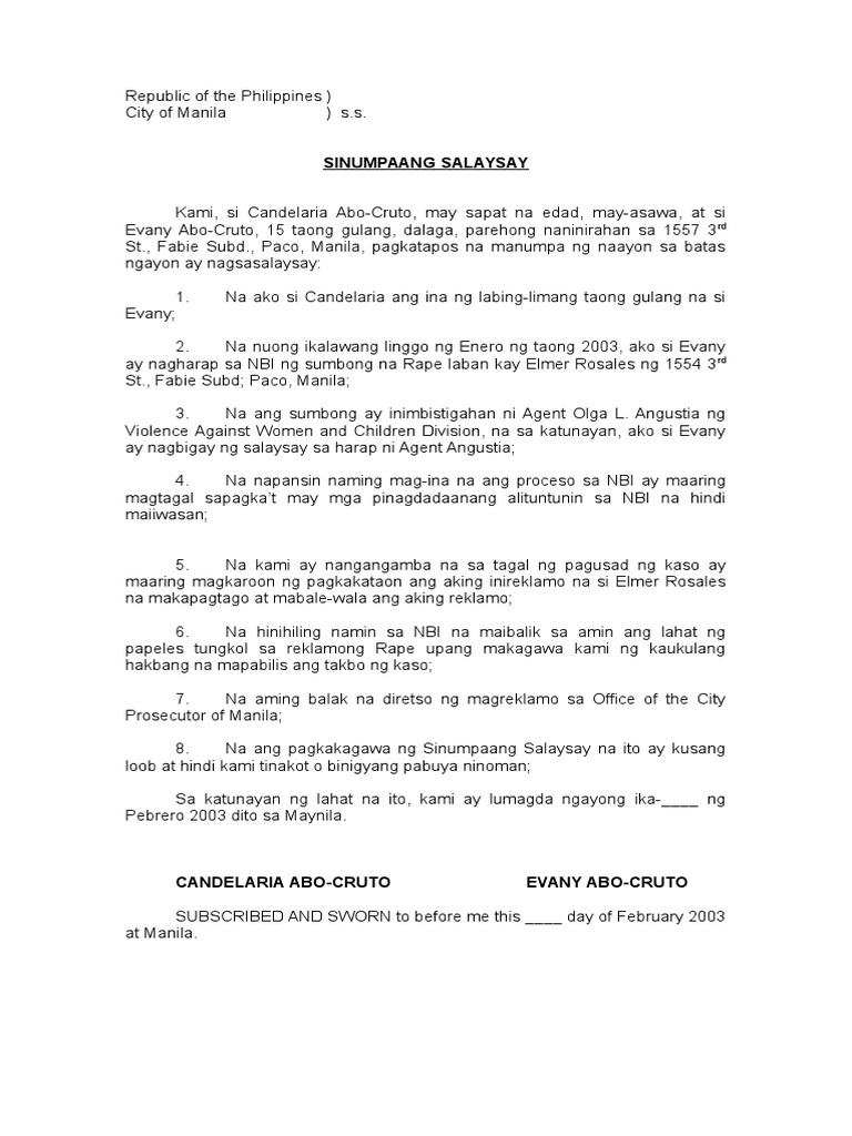 AFFIDAVIT (Sinumpaang Salaysay) | PDF