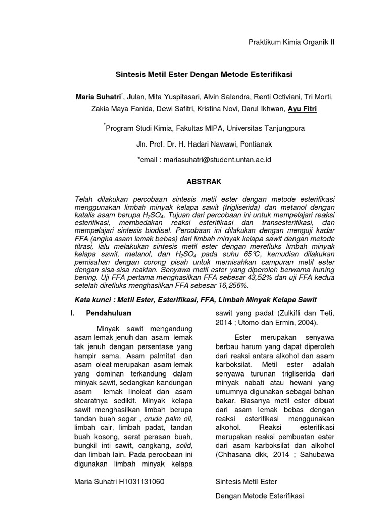 Sintesis Metil Ester Dengan Metode Esterifikasi | PDF | Sains & Matematika