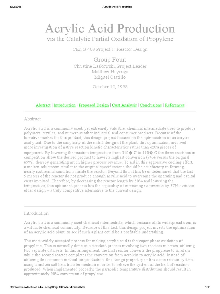Acrylic Acid Production | Catalysis | Chemical Reactor