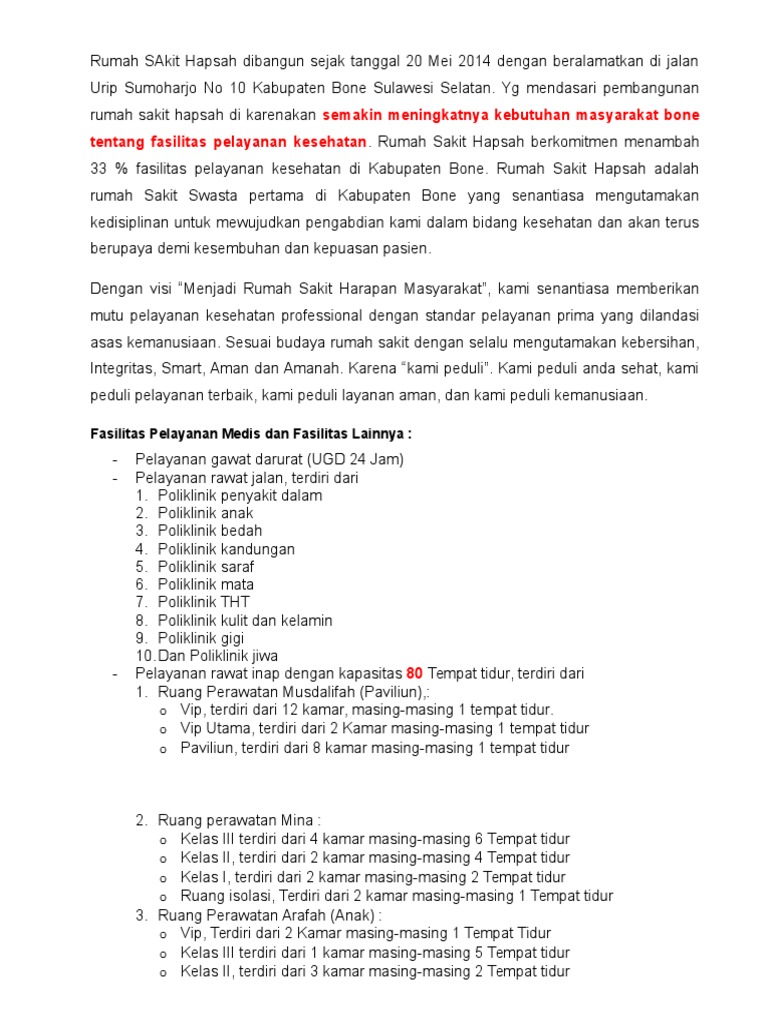 Rumah Sakit Hapsah Bone: Fasilitas Lengkap | PDF | Kesehatan Holistik