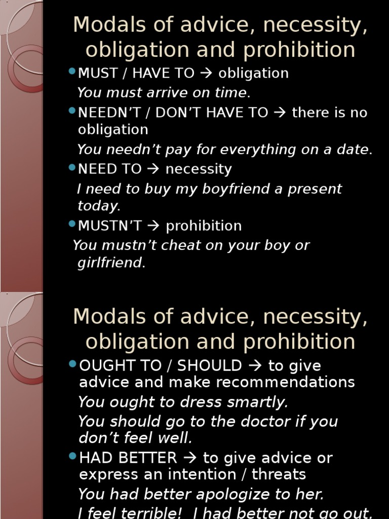 Modal Verbs 1 Advice Obligation | PDF