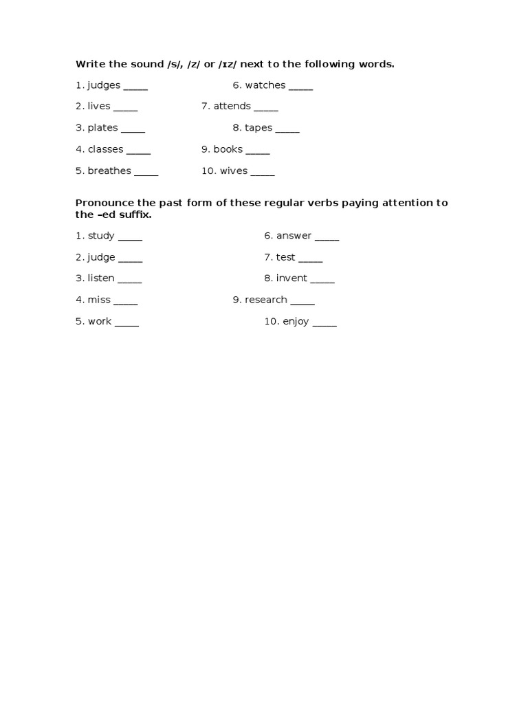 Write The Sound /S/, /Z/ or /ɪz/ Next To The Following Words | PDF