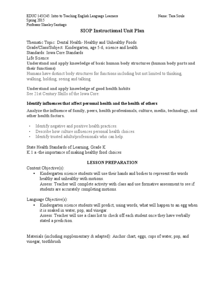 SIOP Instructional Unit Plan 3 Lessons | PDF | Educational Assessment ...