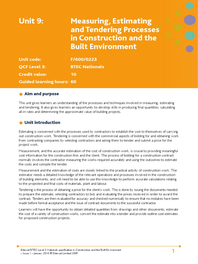 Unit 9 Measuring Estimating and Tendering Processes in Construction and ...