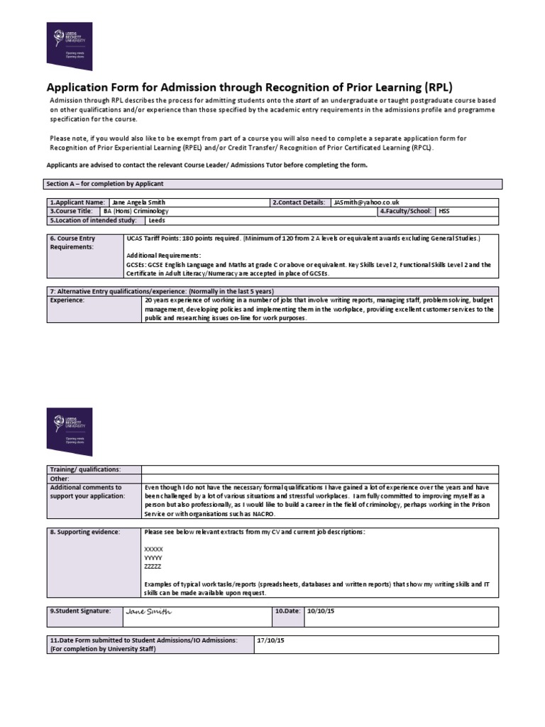 Application Form For Admission Through RPL Completed Example PDF | PDF