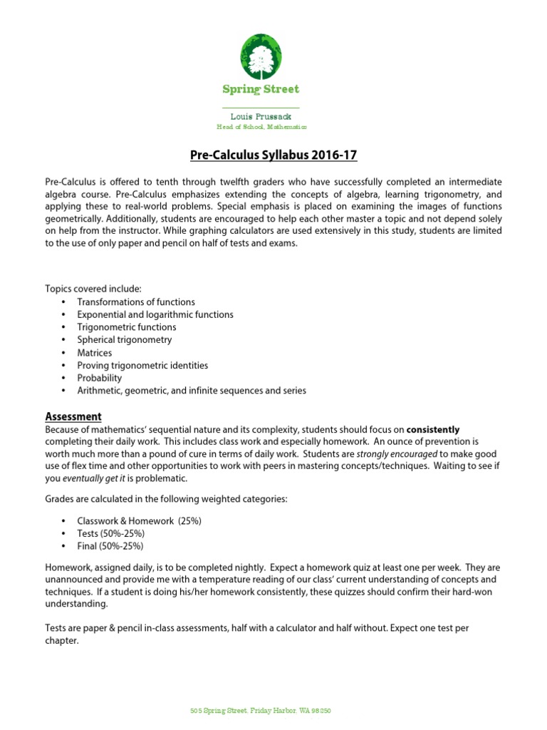 Pre-Calculus Syllabus 2016-17: Spring Street | PDF | Precalculus ...