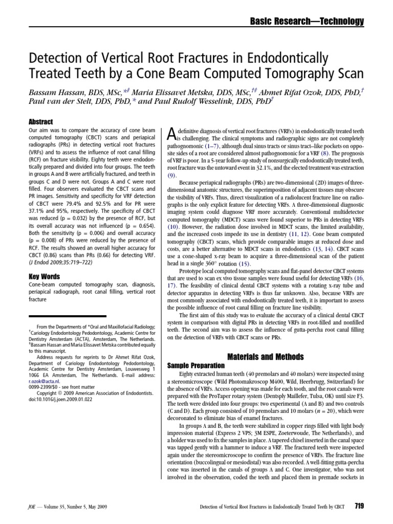 CBCT Detection of Vertical Root Fractures JOE 2009 | PDF | Mouth ...