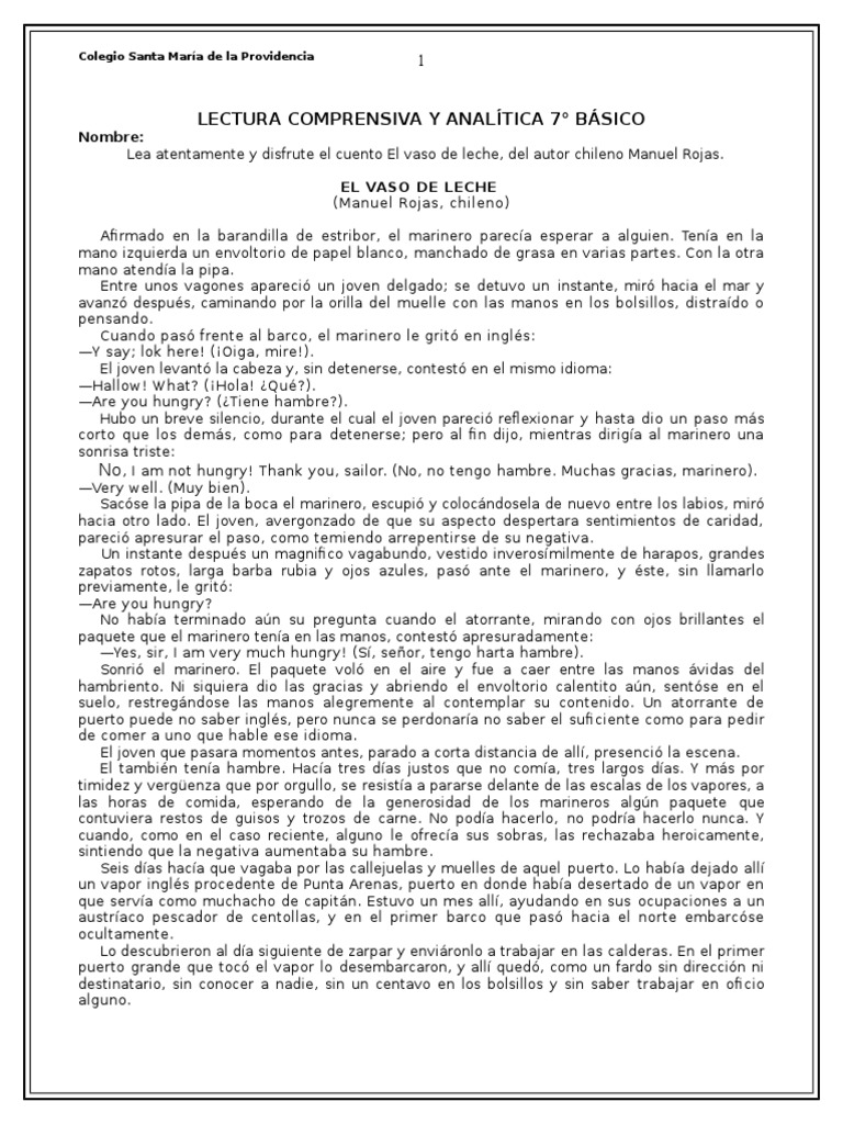 LECTURA El Vaso de Leche