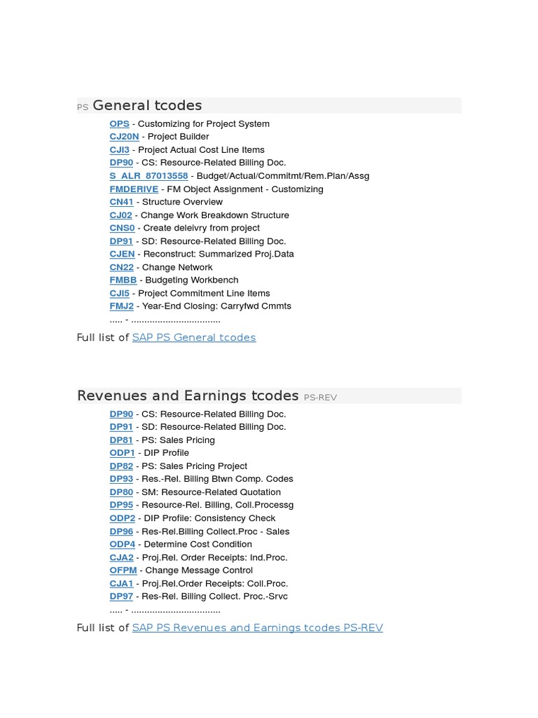 Transaccion Codigos TRX SAP PS | PDF | Business | Economies
