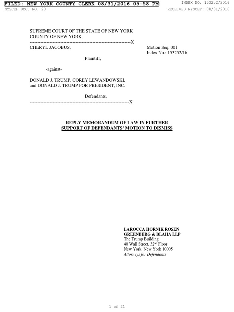 Cheryl Jacobus V Donald Trump and Corey Lewandowski - 8-31-16 Reply ...