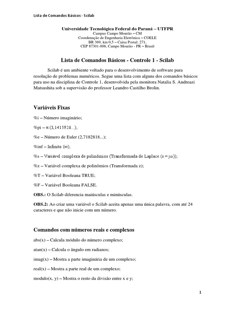 Comandos Básicos de Scilab para Controle | PDF | Divisão (Matemática ...