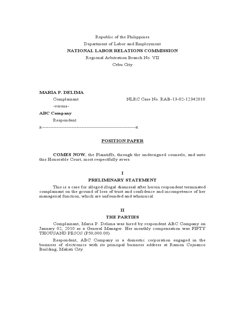 Complainant Position Paper | Parental Leave | Employment