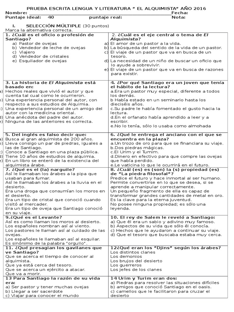 Prueba sobre "El Alquimista" 2016 | PDF | Alquimia | Autor