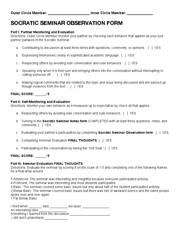 Socratic Seminar Observation Guide | PDF | Conversation | Educational ...