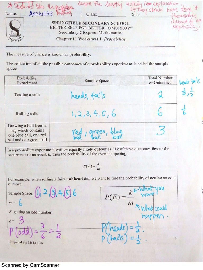 Chapter 11 Worksheet 1 - Probability | PDF