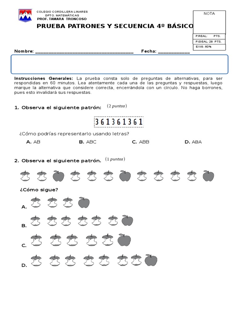Prueba Patrones y Secuencia 4º Básico | PDF