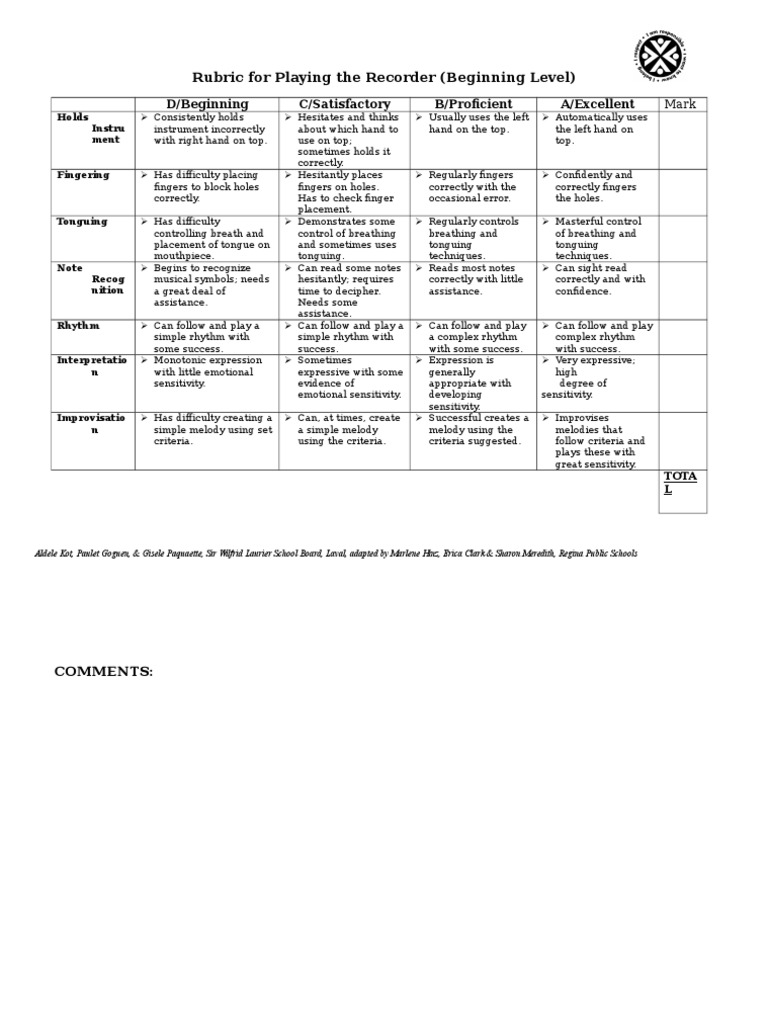 Recorder Playing Rubric for Beginners | PDF | Career & Growth | Foreign ...