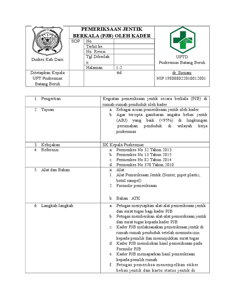 Sop Pemeriksaan Jentik Berkala (PJB) Oleh Kader | PDF