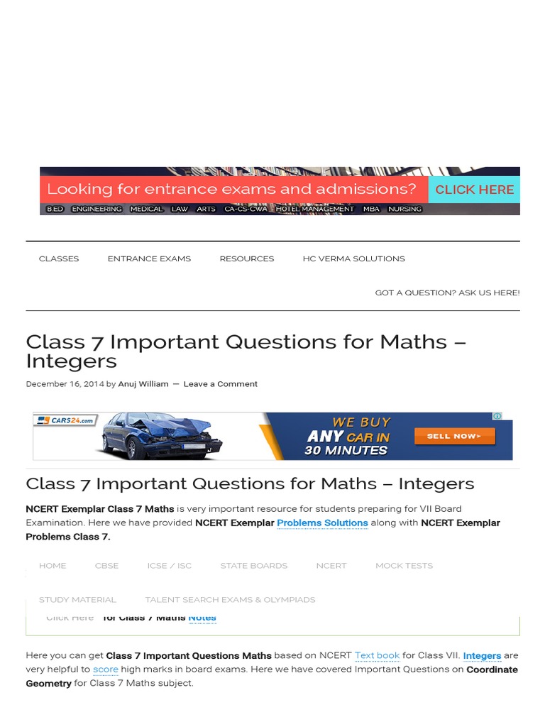 Class 7 Important Questions For Maths - Integers | PDF | Test ...