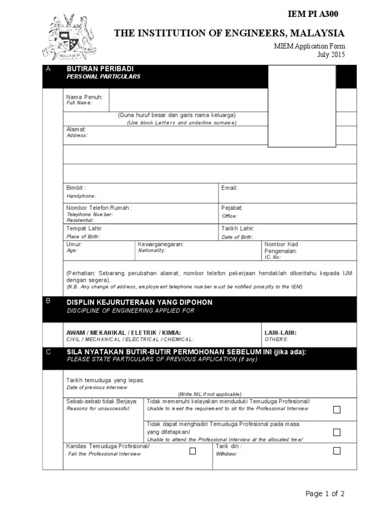 IEM PI Form A300 - MIEM Application Form | PDF | Informasi Pemerintah | Pemerintah