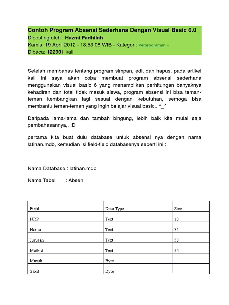 Contoh Program Absensi Sederhana Dengan Visual Basic 6 | PDF
