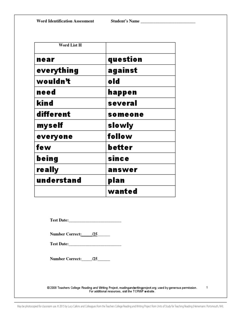 Lucy Calkins' HighFrequencyWords Lists