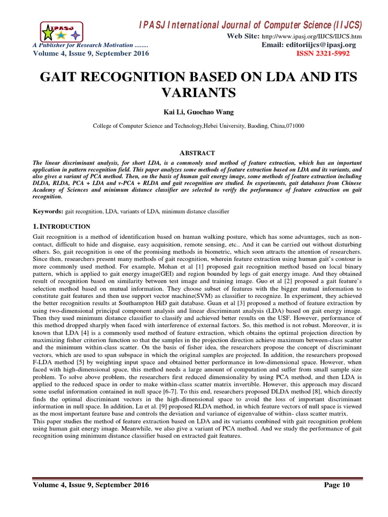 Gait Recognition Based On Lda and Its Variants | PDF | Principal Component Analysis ...