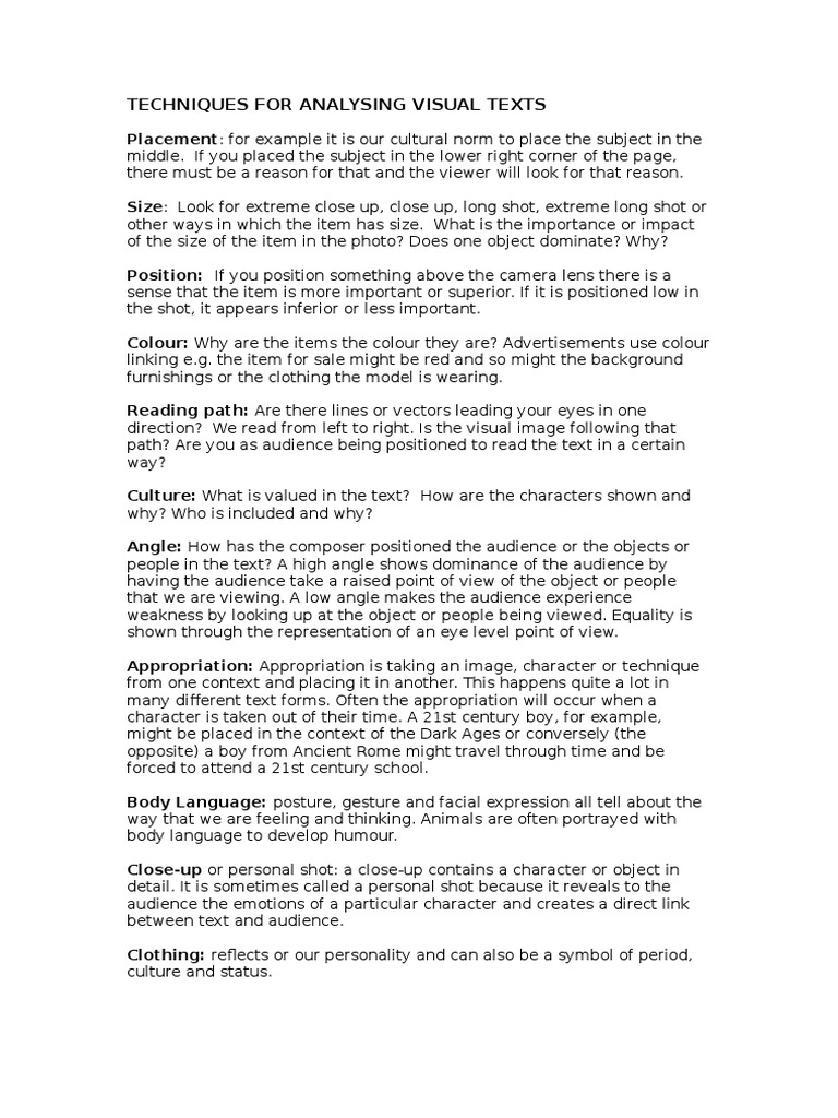 Techniques For Analysing Visual Texts | PDF | Body Language | White