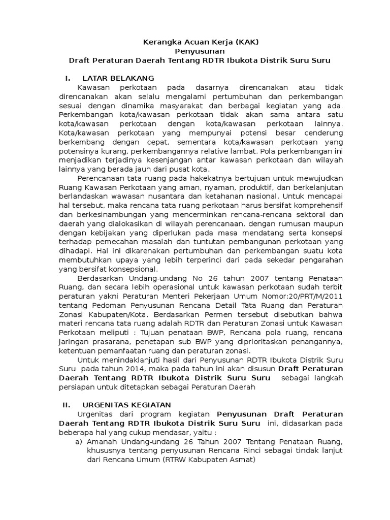 Kak Penyusunan Draft Perda RDTR Suru Suru | PDF