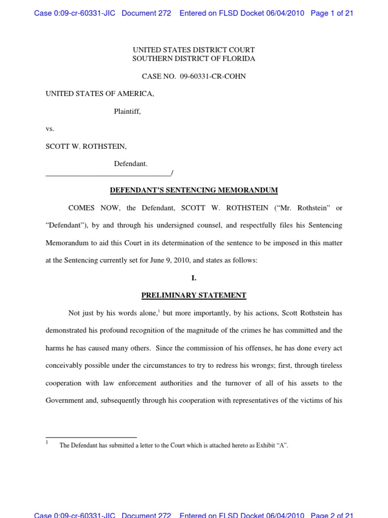 Rothstein Sentencing Memo | PDF | United States Federal Sentencing ...