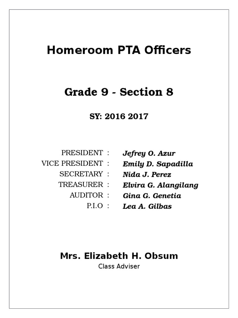Homeroom PTA Officers Grade 9 - Section 8: Mrs. Elizabeth H. Obsum | PDF