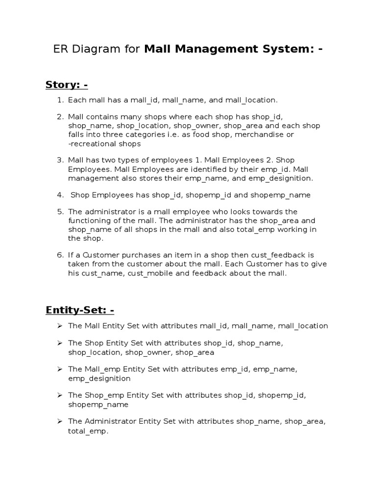 ER Diagram For Mall Management System: - : Story | PDF
