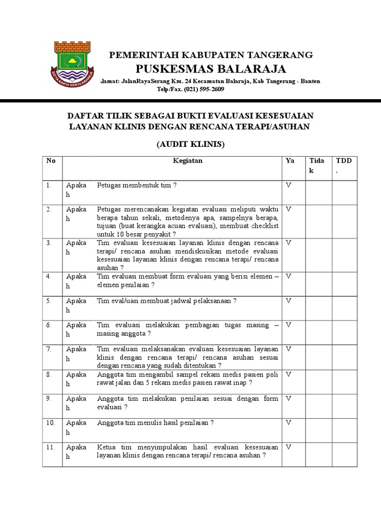 Daftar Tilik SBG Evaluasi Layanan Klinis Dengan Rencana Terapi | PDF