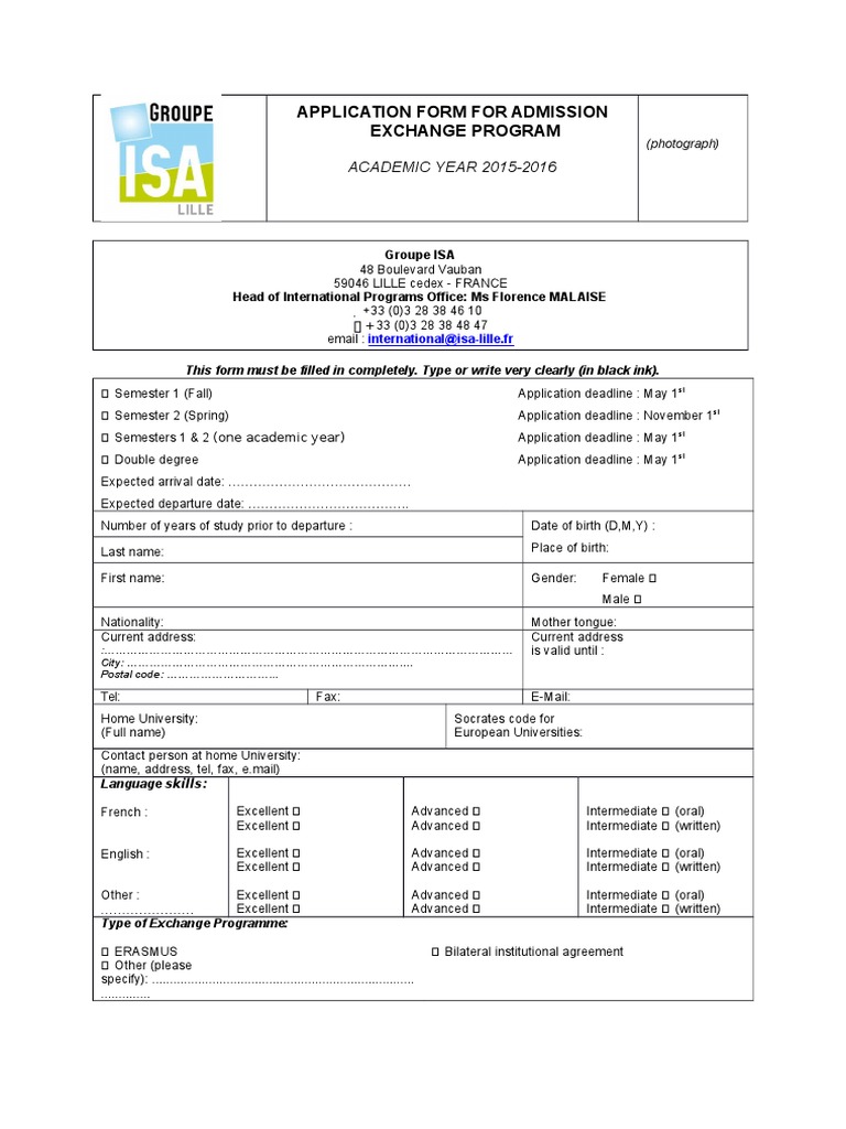 ISA Exchange Student Application Form 2015-2016 | PDF