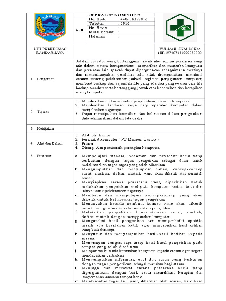 SOP Operator Komputer | PDF