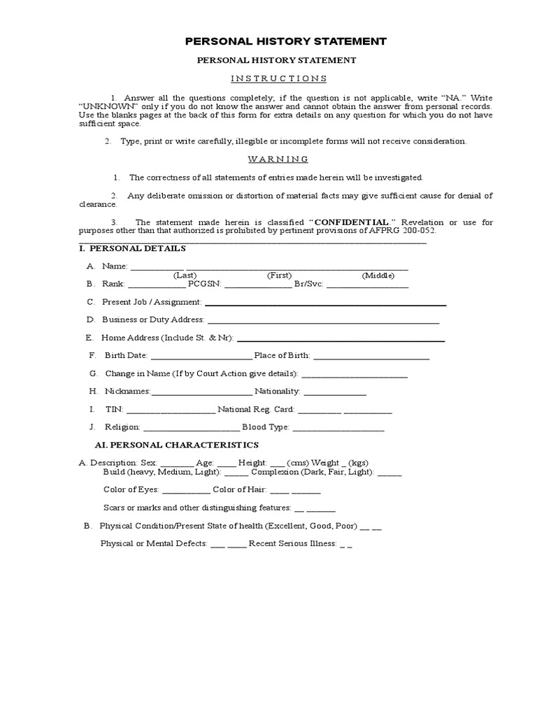 Annex III Personal History Statement Form | Arrest | Marriage