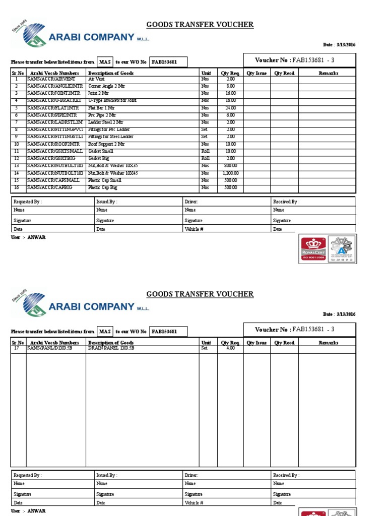 Goods Transfer Voucher | PDF