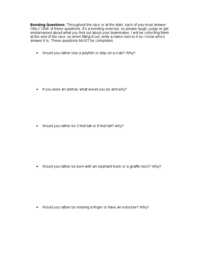Fun Bonding Questions for Team Building | PDF | Self-Improvement