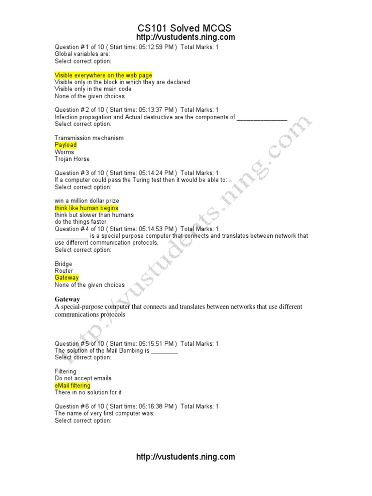 CS101 Solved MCQs Alot of Solved MCQs in One File | PDF | File Transfer Protocol | Computer Network