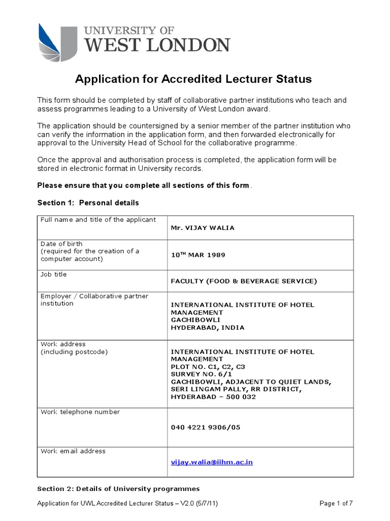 Accredited Lecturer Status Application Form - Vijay Walia | PDF | Confidentiality | Master Of ...