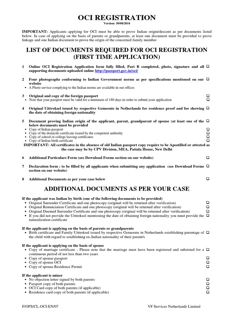 OCI Registration Document Checklist | PDF | Birth Certificate | Passport