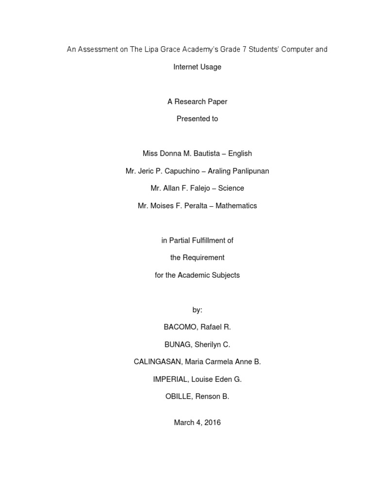 An Assessment On The Lipa Grace Academys Grade 7 Students Computer and ...