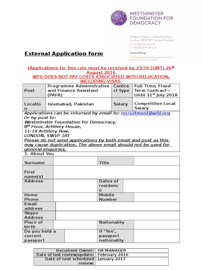 Recruitment Application Form Pafa Pakistan 2 | PDF | Conflict Of ...