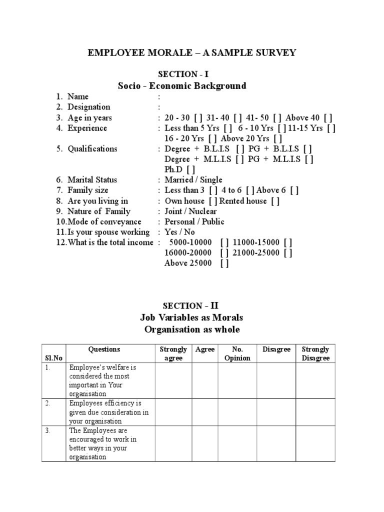 Job Satisfaction Survey Questionnaire | PDF | Employee Benefits ...