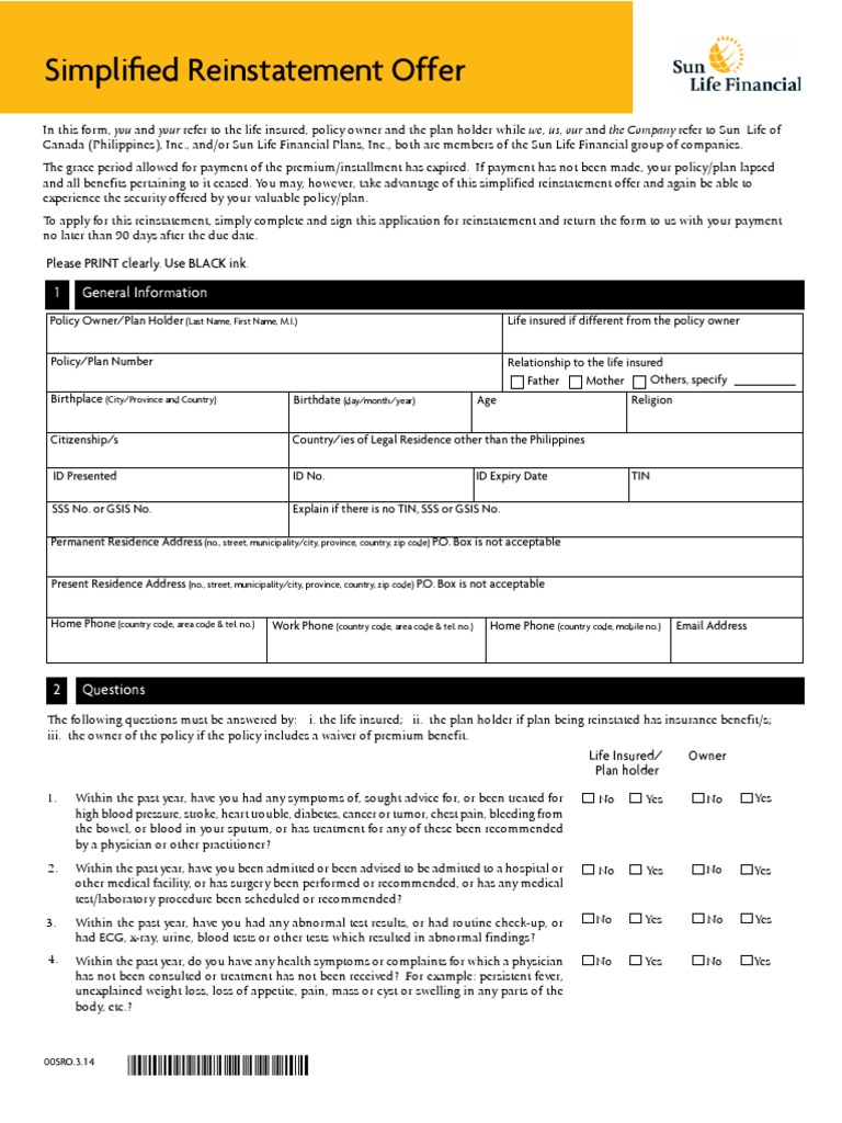 Sun Life Form | PDF | Physical Examination | Insurance