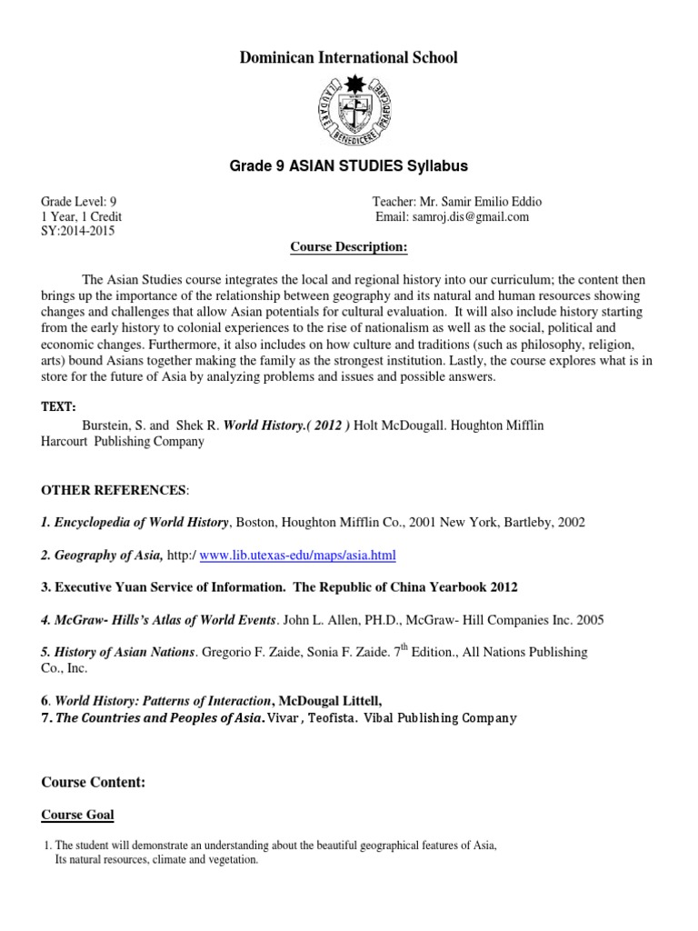 Grade 9 Asian Studies Syllabus | PDF | Taiwan | Homework