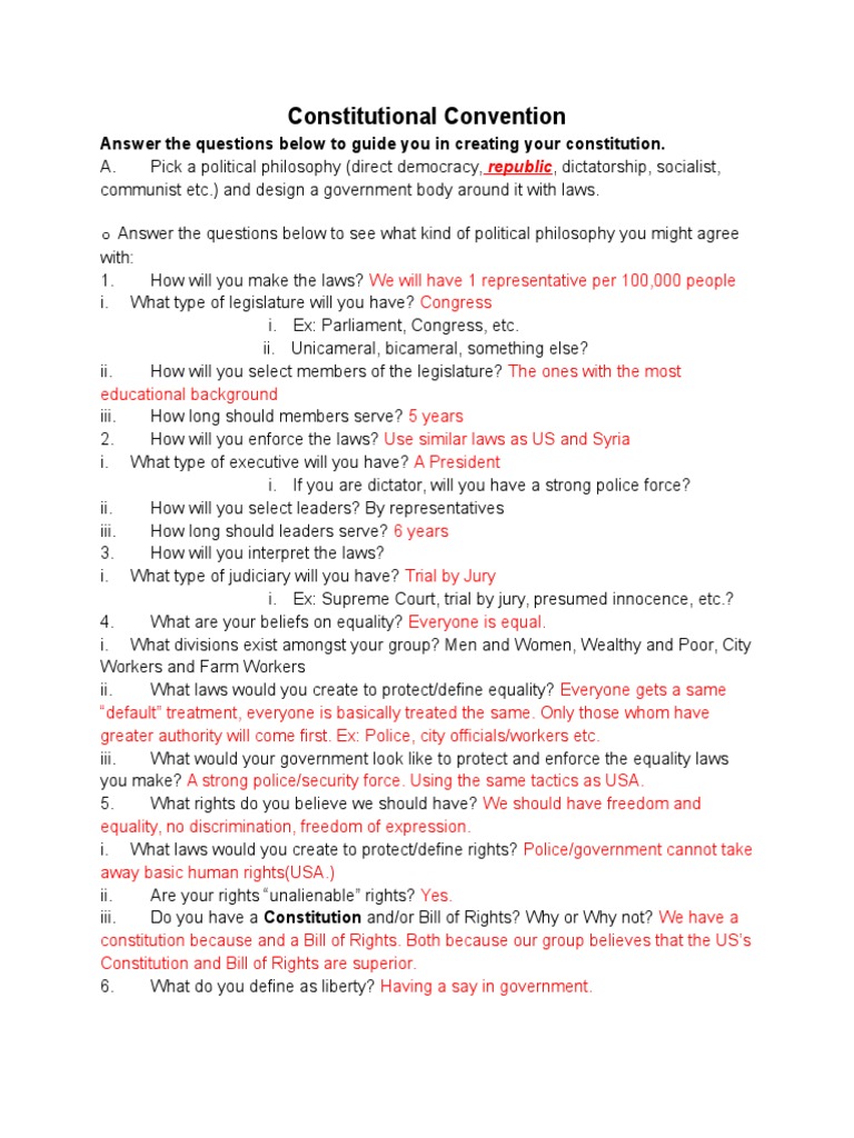 Constitutional Convention: Answer The Questions Below To Guide You in ...