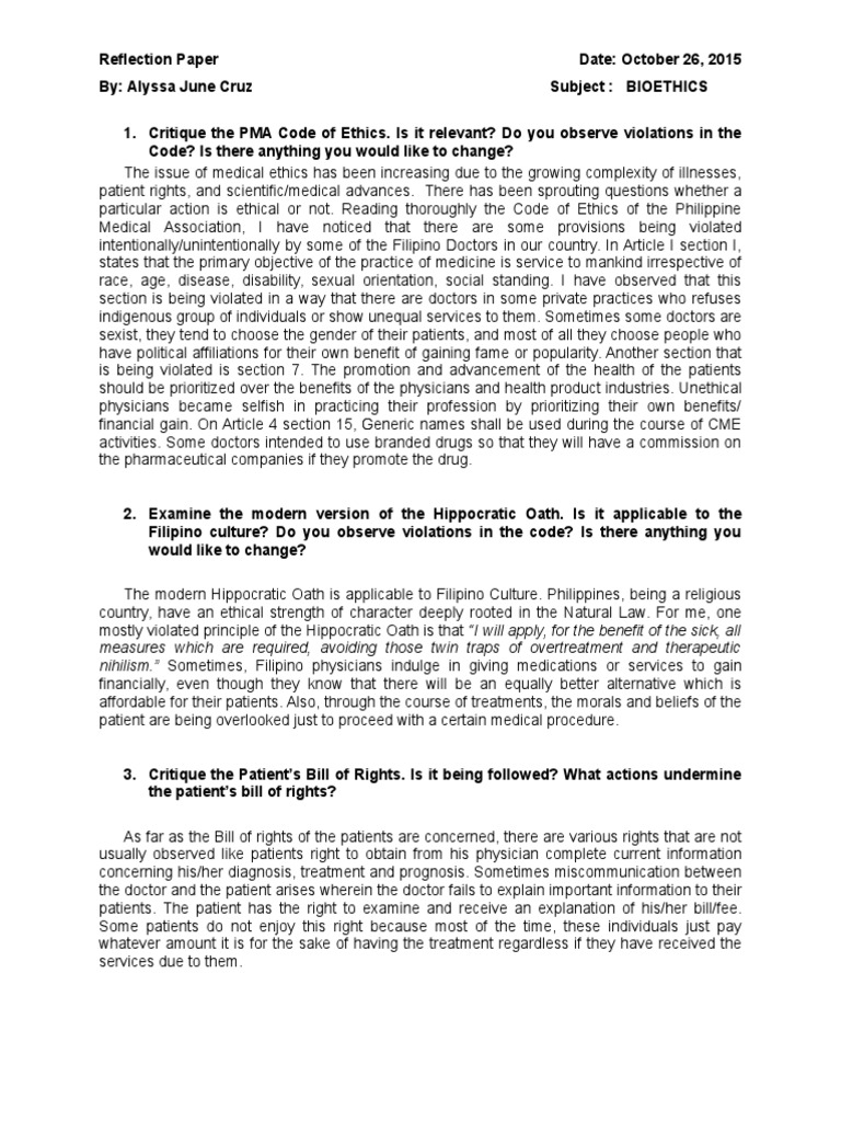 Reflection Paper II | PDF | Medical Ethics | Physician