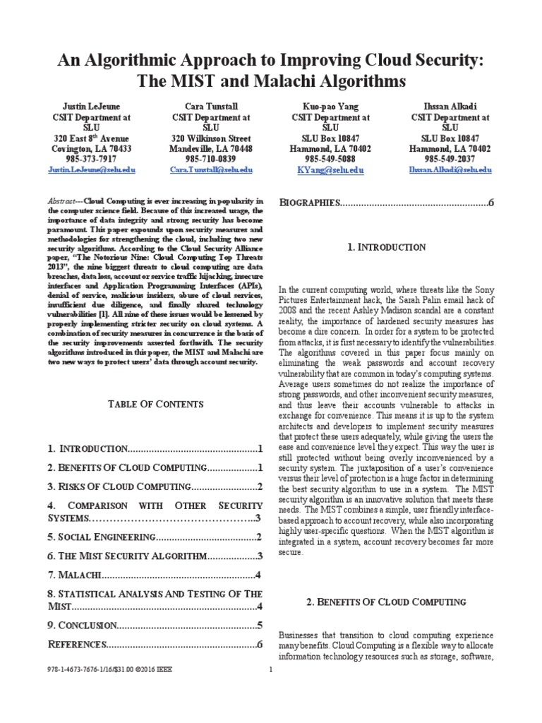 An Algorithmic Approach To Improving Cloud Security: The MIST and ...