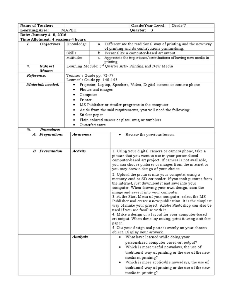 3rd Quarter - Art Activity | PDF | Lesson Plan | Media Technology